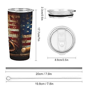 Baseball Glove America Flag (2) 20 OZ Stainless Steel Tumbler Travel Car Coffee Mug with Straw Lid Cleaning Brush Coffee Tumbler Mug for Women Men