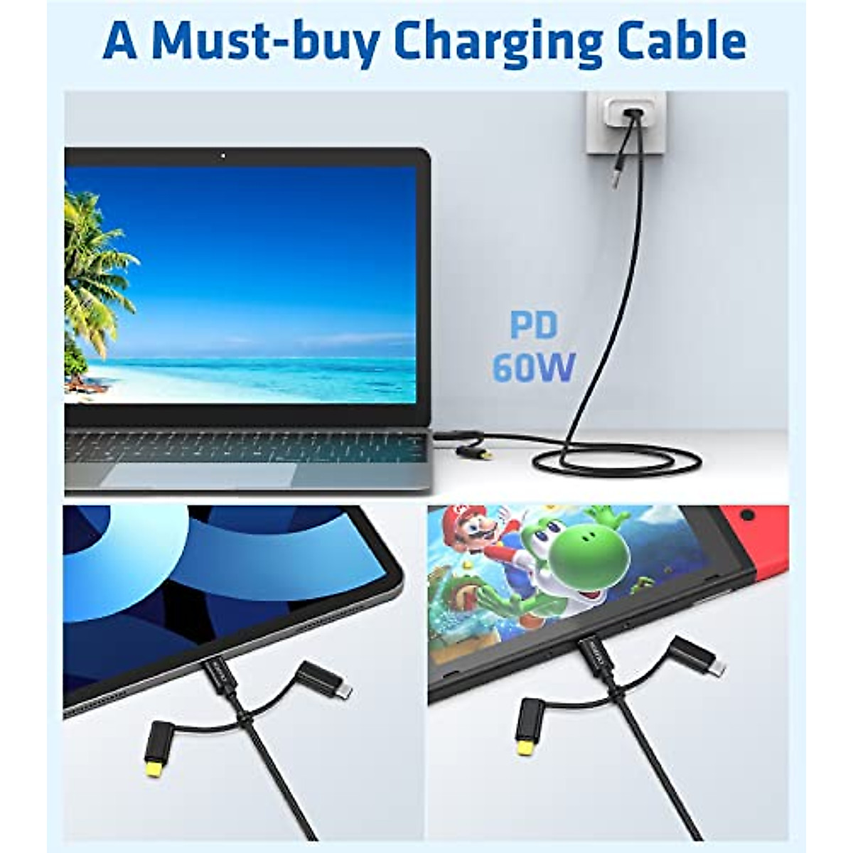 CHAFON USB C Multi Fast Charging Cable PD 60W Nylon Braided Cord 5-in-1 3A USB A/C to Type C/Micro USB Charger Adapter Compatible Samsung Galaxy S20 LG Sony iPad Pro 2018 Android(3.3FT)