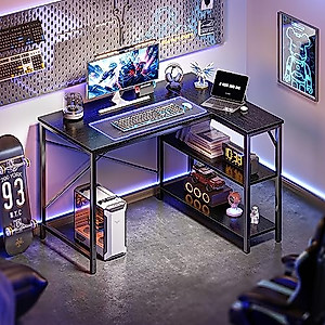 Huuger L Shaped Desk, 39 Inches Computer Desk with Reversible Storage Shelves, Gaming Desk, Corner Desk Home Office Desks, Writing Desk Study Desk with Metal Frame, Black