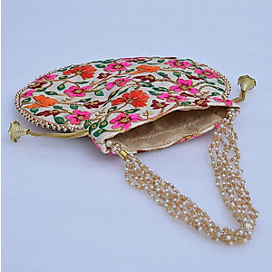 Truesellershop Designer Embroidered Potli Bag for Women Indian Ethnic Printed Silk Batwa Pearls Handle Purse Clutch Evening Party, Wedding, Gifts Her (Design-9), Off White