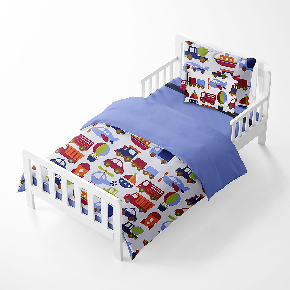 Bacati - Transportation Blue 4 Piece Boys Toddler Bedding Set 100 Percent Cotton Includes Reversible Comforter, Fitted Sheet, Top Sheet, and Pillow Case for Boys