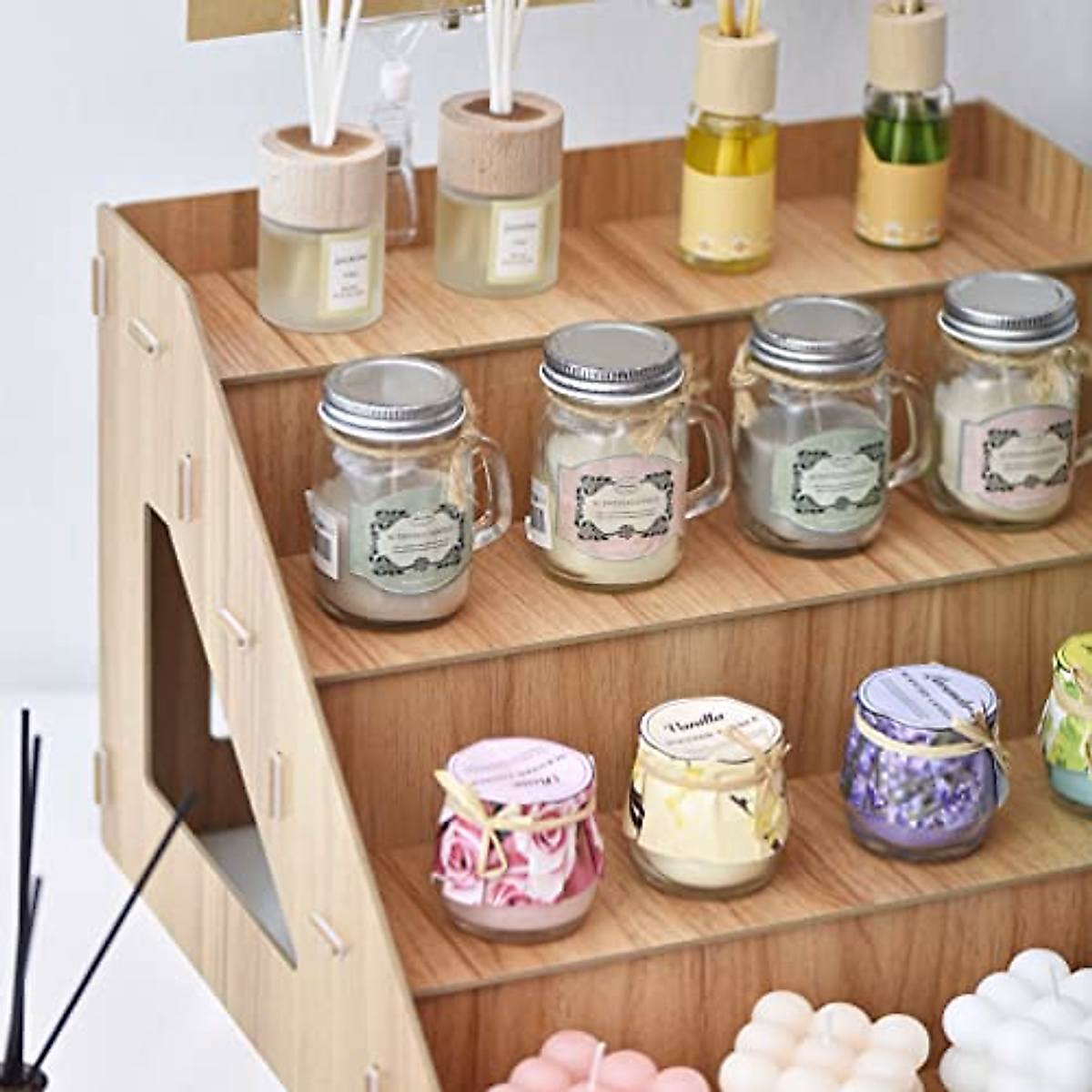 Tapeera 4-Tier Retail Wooden Display Riser - Farmers Market Craft Fair Display Rack - Candle Soap Display Stand For Craft Shows - Wood Countertop Pop Up Shop Display Rack For Tumblers Cupcakes Candy