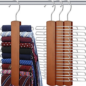 4 Pieces Tie Hanger for Men Wooden Necktie and Belt Hanger Wooden Tie Rack Holder Walnut Center Organizer and Storage Rack Finish 20 Hooks Space Saving Organizer for Closet(Archaize Color)