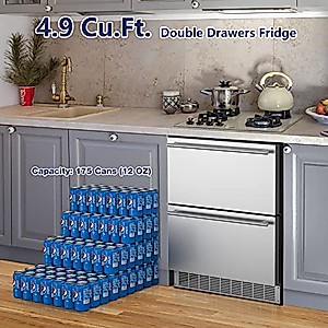 24 Inch Outdoor Drawer Fridge, Under Counter Double Drawer Beverage Refrigerator, 4.9 Cu.Ft. Weather Proof IPX4 Stainless Steel Auto Defrost 34-65℉ Built-in Fridge, ETL & DOE Approved
