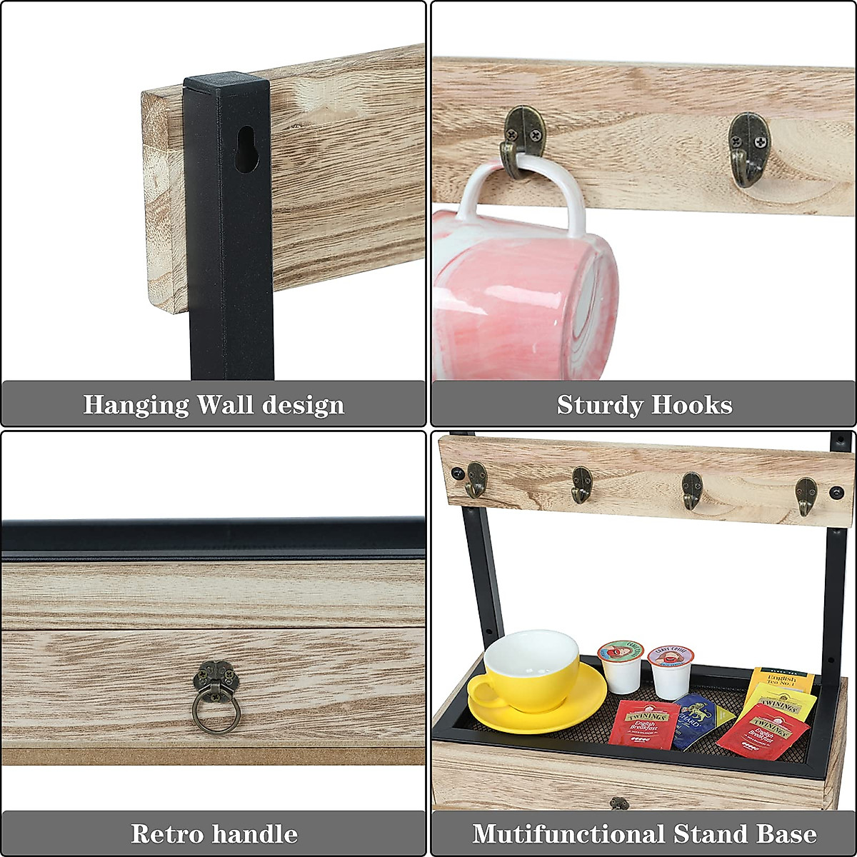 Yuzehuaza Wood Mug Cup Rack Stand with Drawer,2 Tier Countertop Coffee Mug Storage Holder for Coffee Mug Cups Display Organizer Hook,Hold 8 Mugs