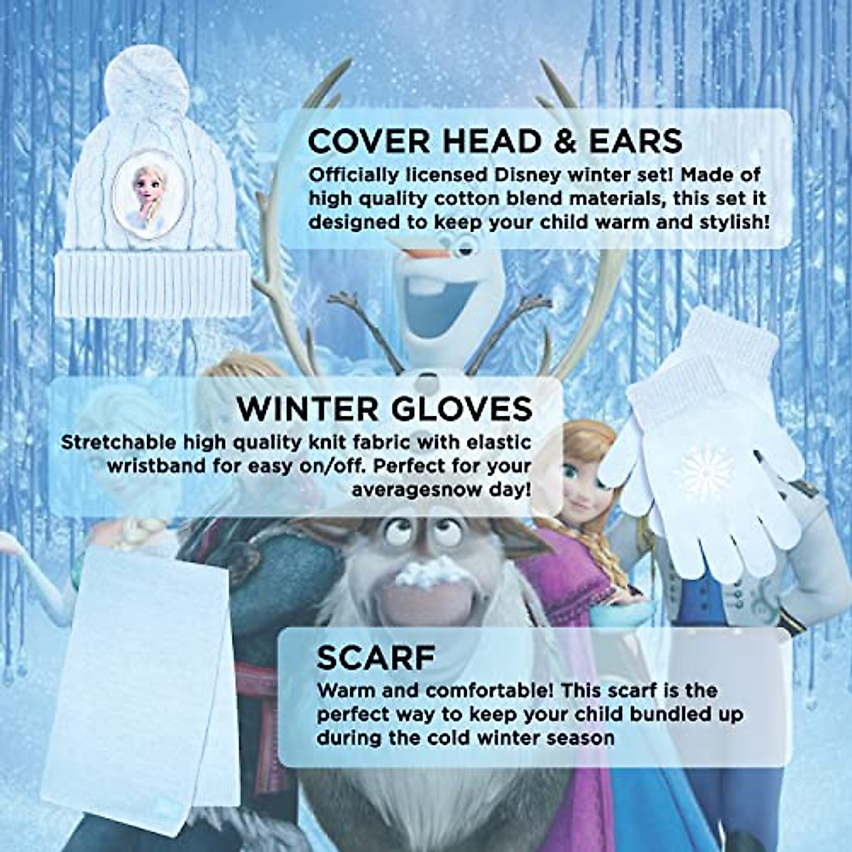 Disney Frozen Kid’s Winter Hat, Snow Gloves, and Scarf for Girls, 3 Pc. Set, Plush Warm Outdoor Comfort Includes Gift Box