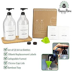 Liquid Laundry Detergent Dispenser for Laundry Room - 2 Decorative 64-Oz PET Plastic Containers with Water-Resistant Labels - Includes Pumps and Screw Caps, Collapsible Funnel, Extra Labels, Measuring Cup & Bamboo Tray