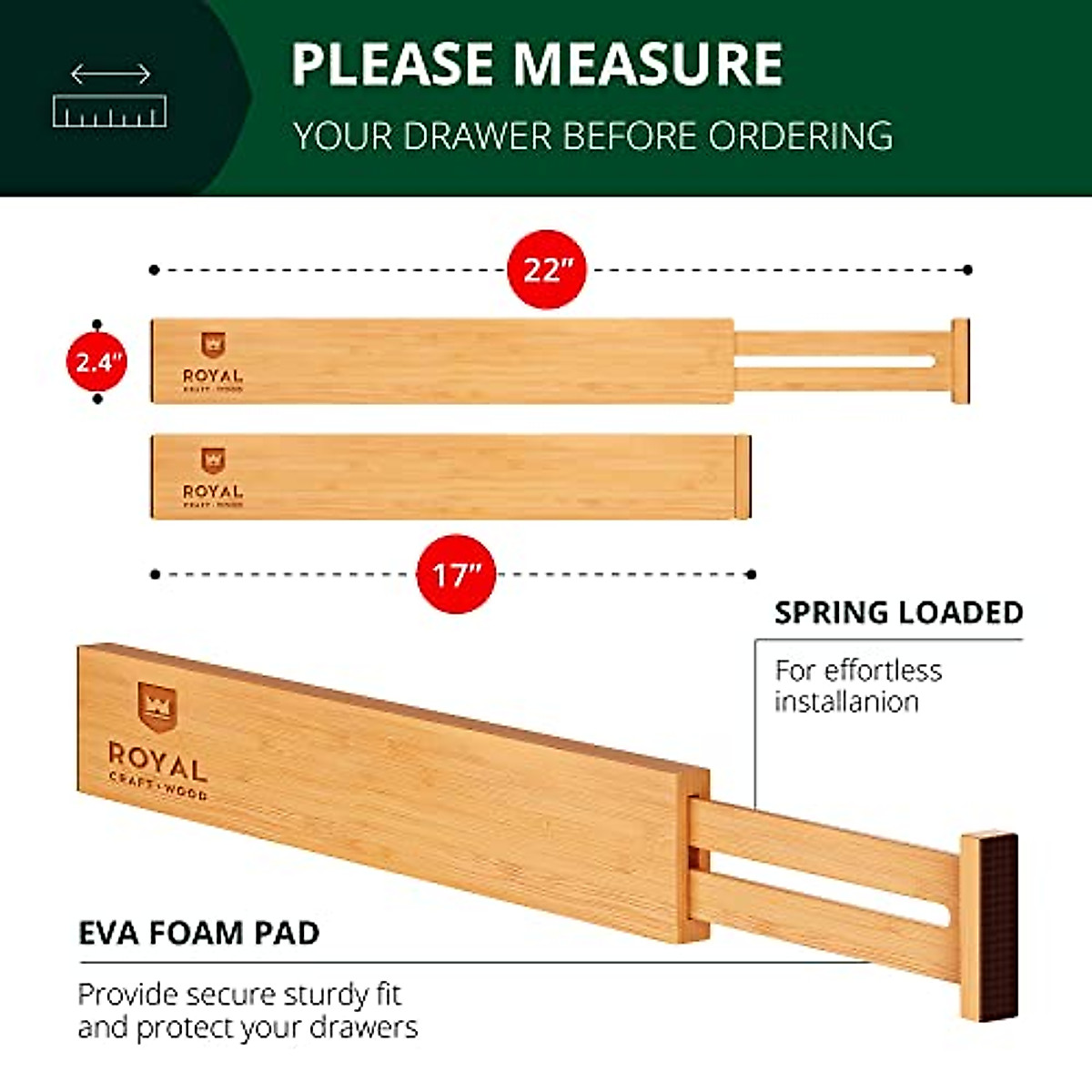 ROYAL CRAFT WOOD Adjustable Bamboo Drawer Dividers Organizers and Storage Box Set of 3