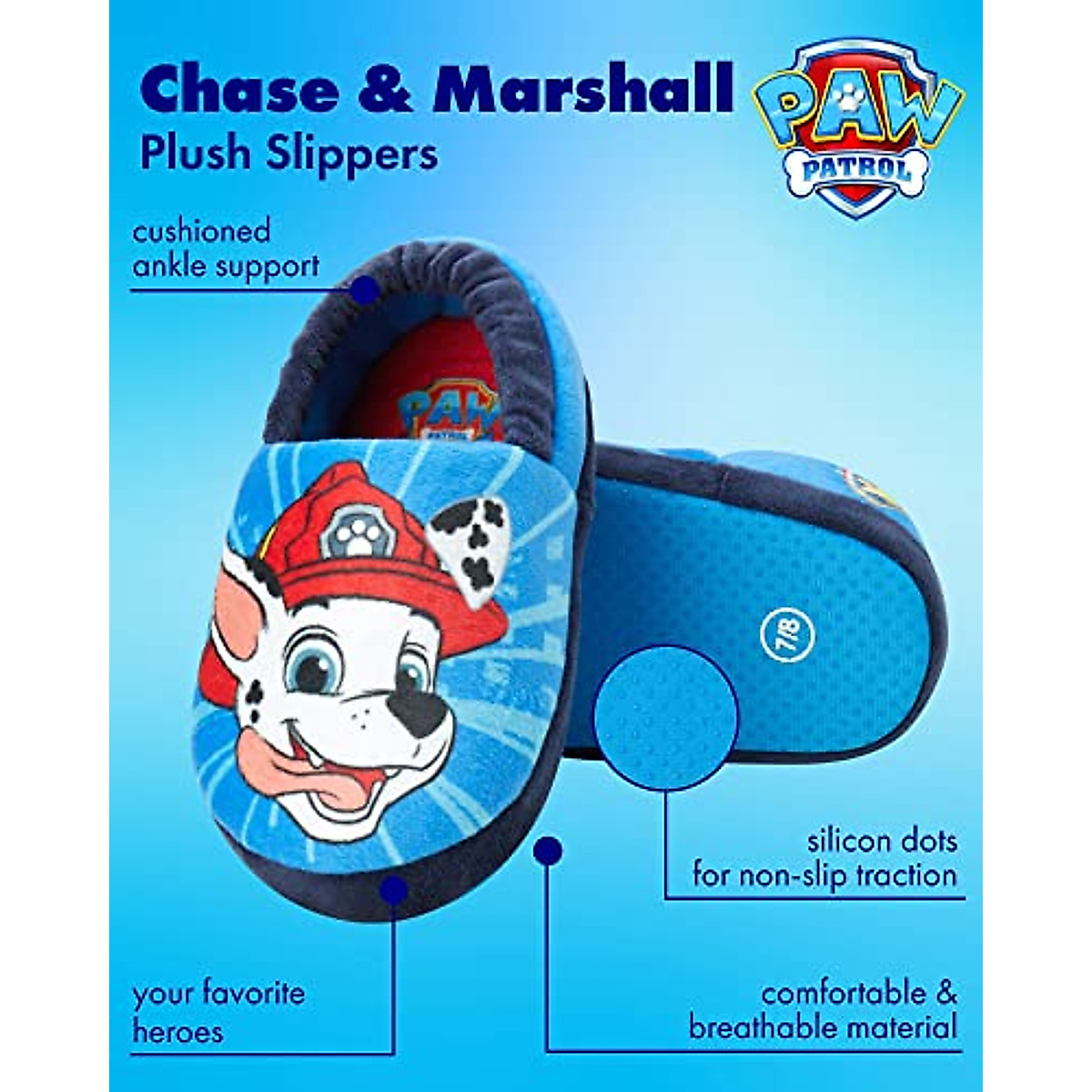 Nickelodeon Boys’ Paw Patrol Slippers – Chase and Marshall Plush Fuzzy Slippers (5T-12 Boy), Size 11/12, Paw Patrol