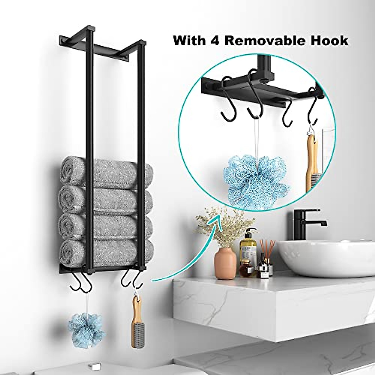 Nidouillet Wall Towel Rack for Rolled Towels, New Upgrade 2 Bar Towel Racks for Bathroom Wall Mounted, Bathroom Towel Storage, Metal Bath Towel Holder for Folded Large Towel Washcloths, Black