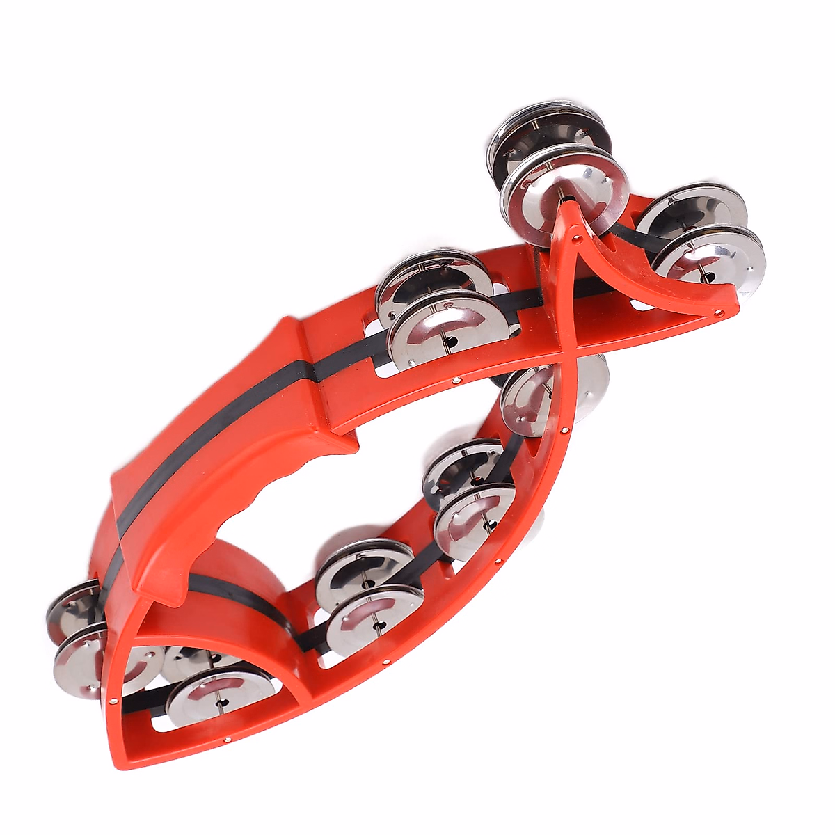 Eujgoov Plastic Hand Tambourine Bell, Fish Shaped Double Row Jingles Music Rhythm Toys(red)