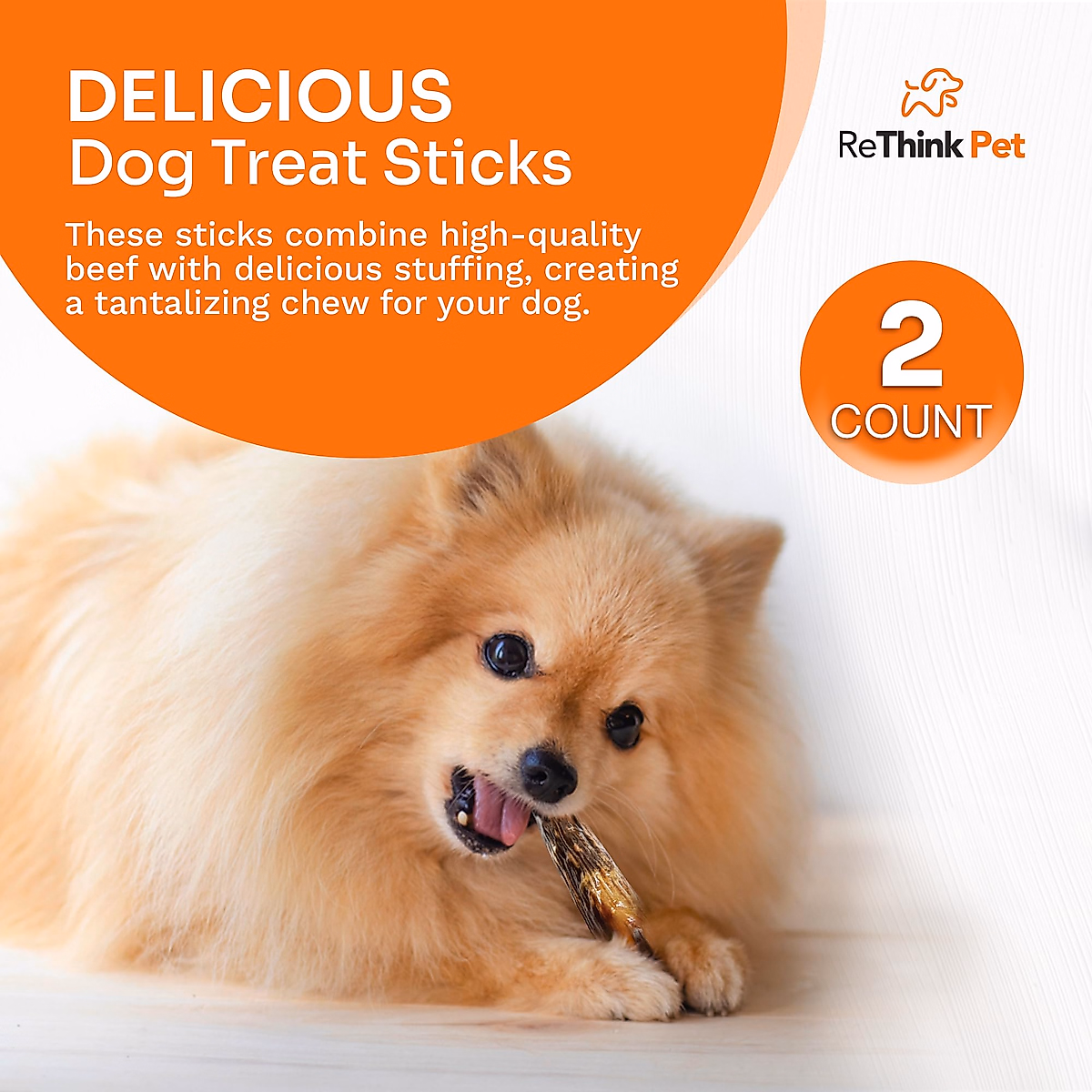 ReThink Pet Pack of 2 Dog Rawhide Sticks, Beef Stuffed, Odor-Free, All Natural, Healthy, Great Tasting Special Reward as Dog Treats, Long Lasting Dog Chew, Suitable for Puppy Small Dogs