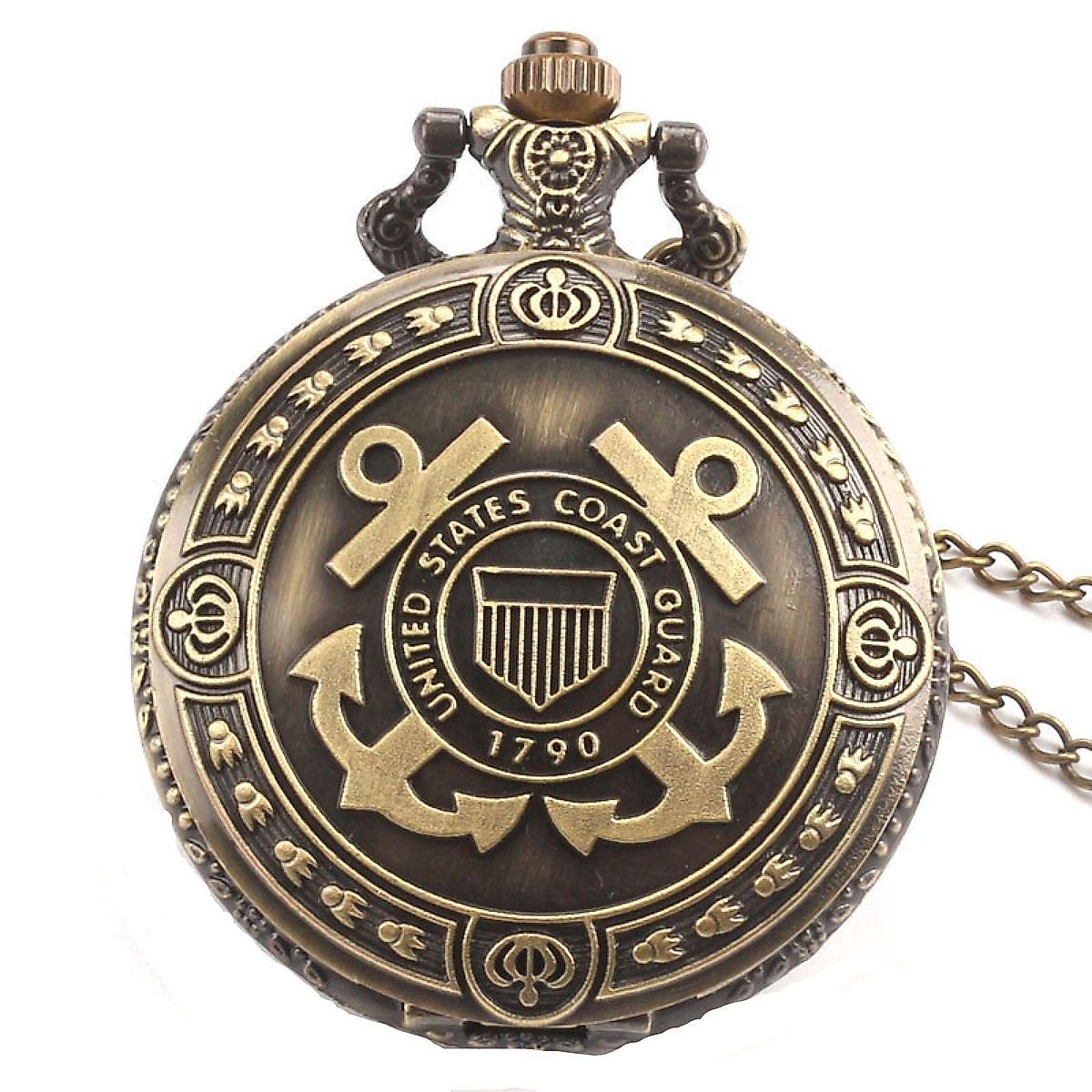 Akopiuto Coast Guard Pocket Watch with Necklace Chain Clock Bronze Quartz Pendant Watches