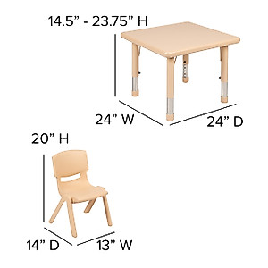 EMMA + OLIVER 24" Square Natural Plastic Height Adjustable Activity Table Set with 4 Chairs