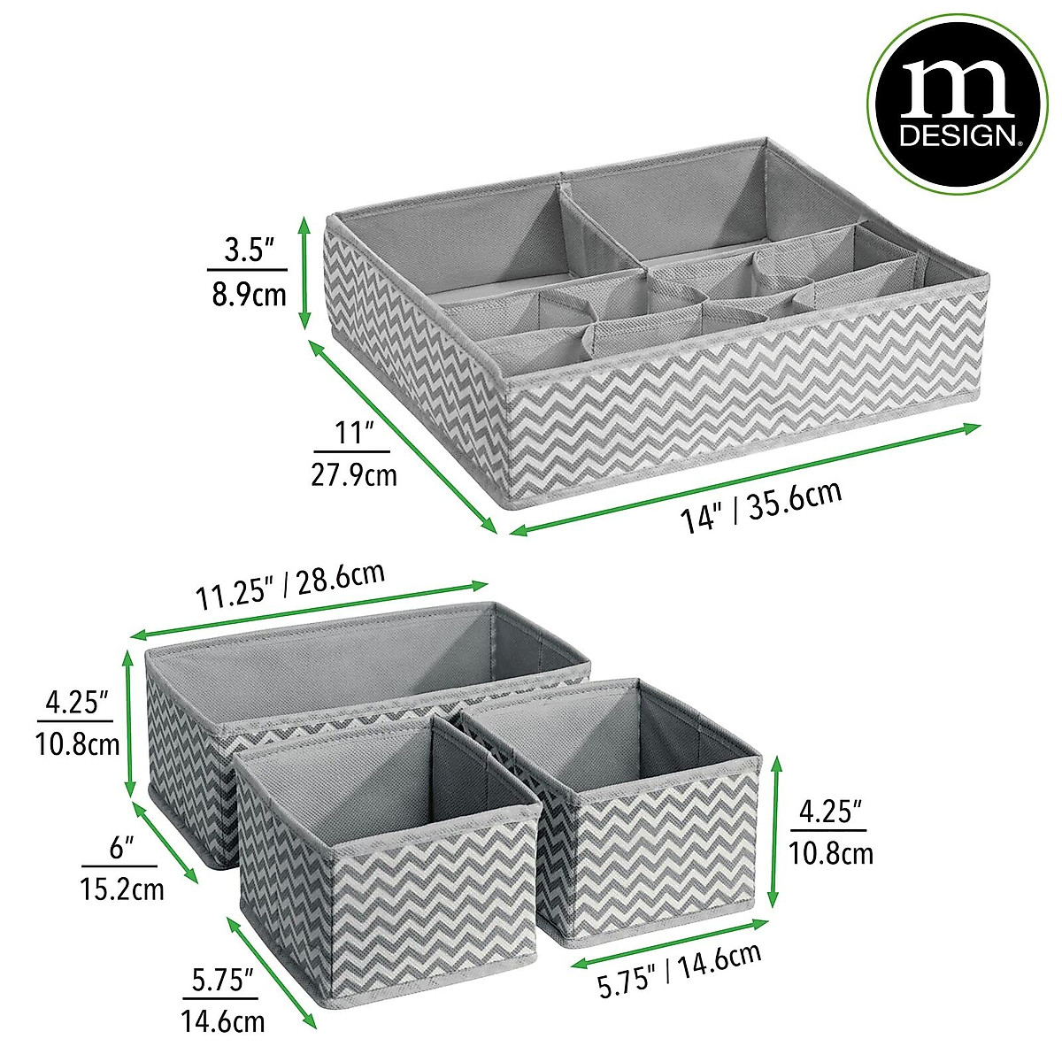 mDesign Fabric 4-Piece Drawer Organizer Bins, Kids/Baby Nursery Dresser, Closet, Shelf, Playroom Organization, Hold Clothes, Toys, Diapers, Bibs, Blankets, Gray/Cream Chevron