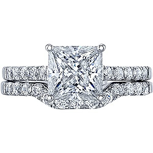 PEORA Moissanite Princess Cut Engagement Ring and Wedding Band Bridal Set in Sterling Silver, 2 Carat Center, DE Color, VVS Clarity, Size 5.5