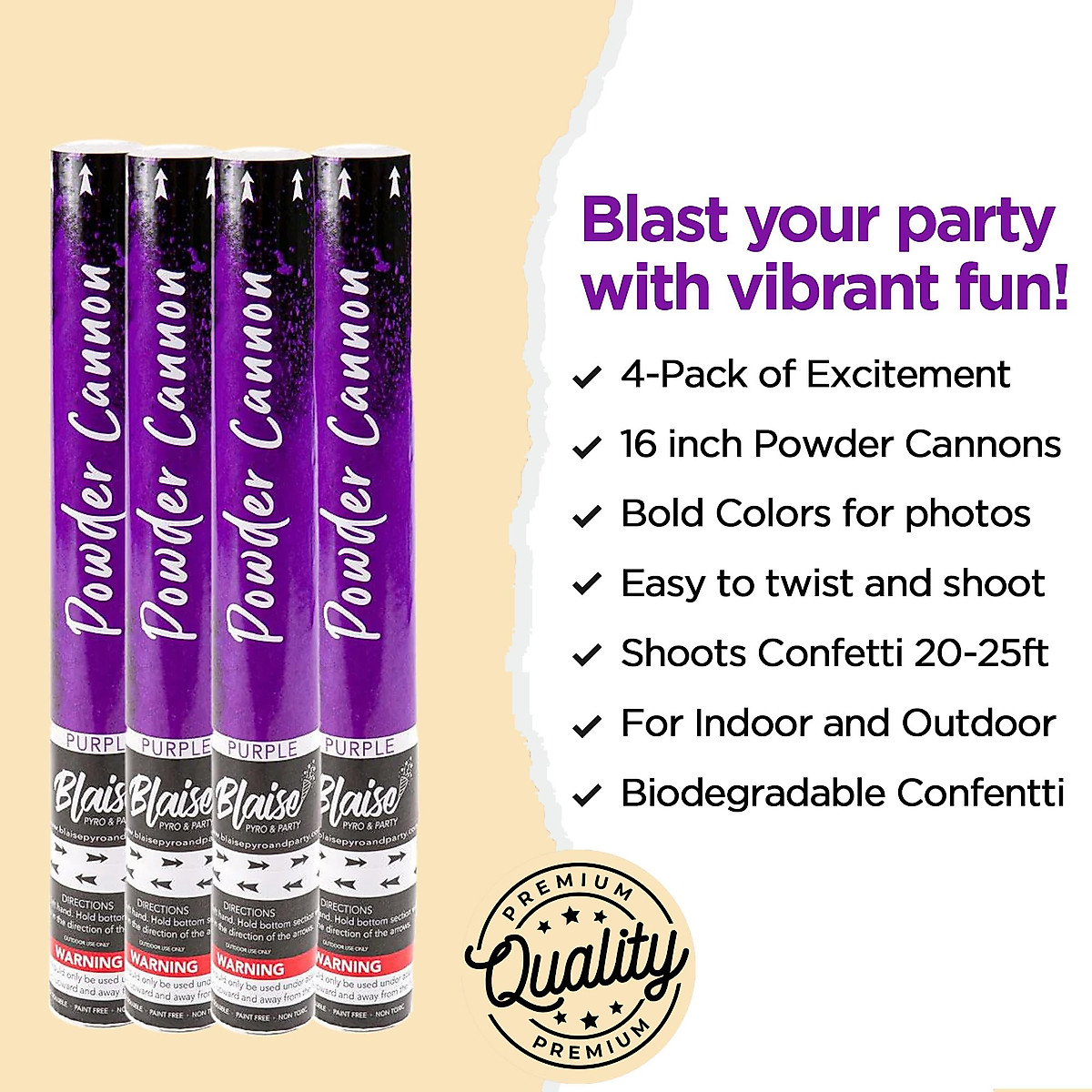 Blaise Pyro & Party Powder Poppers - Colorful Cannons for Birthdays, Weddings, Anniversaries, & More – Designed to Break Down Naturally, Easy to Use for Photoshoot & Celebrations - 16", 4 Pack, Purple