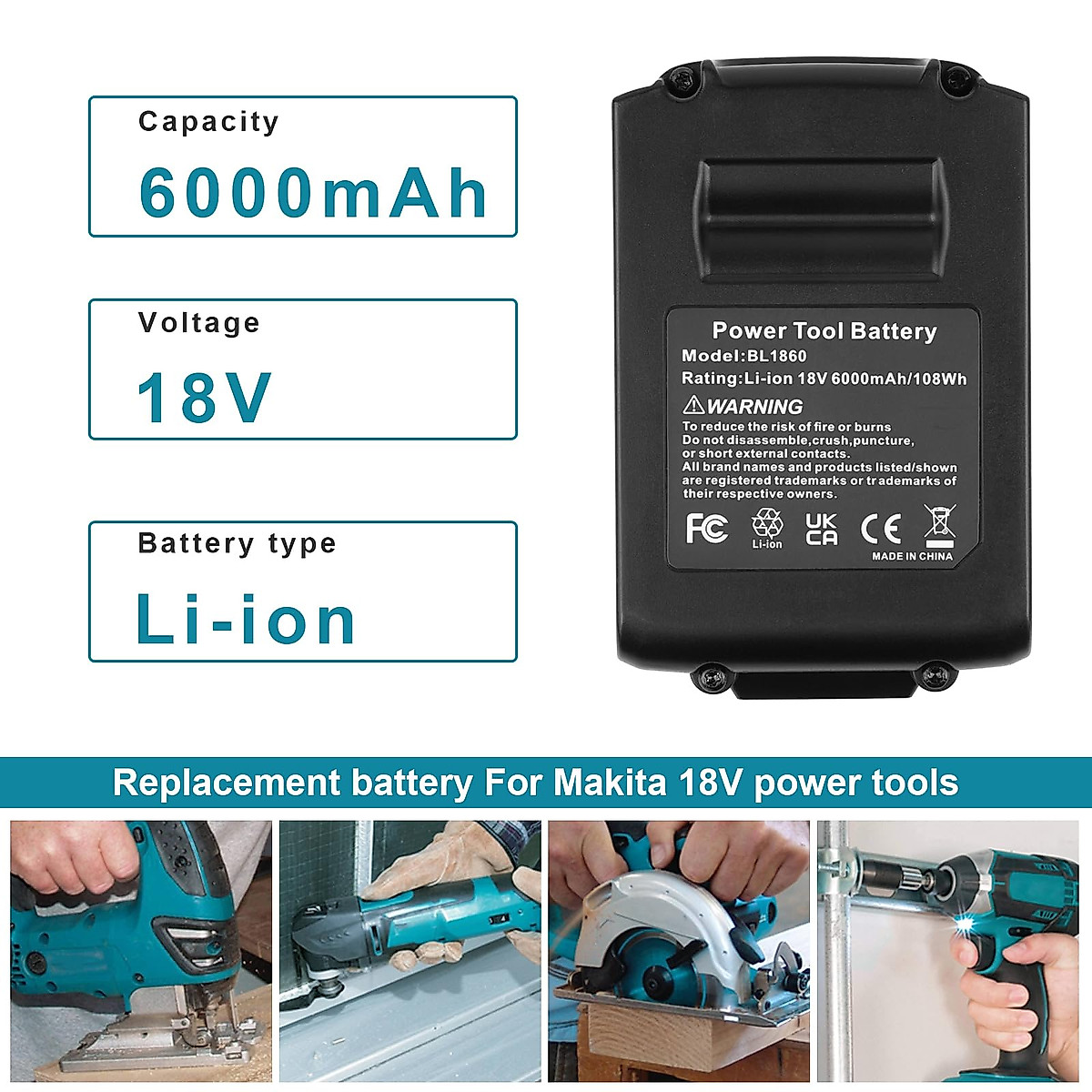 [1Pack] 18V 6.0 Ah High-Output Battery for Makita 18-Volt Tools BL1860 BL1850B BL1850 BL1840 BL1830 BL1820 BL1815 LXT-400, 18V Tool Battery