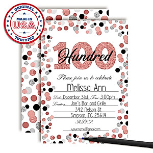 Amanda Creation Confetti Rose Gold Polka Dot 100th Birthday Party Invitations, 20 5x7 Fill-In Cards with Twenty White Envelopes