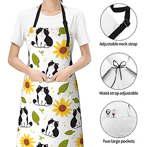 Wisedeal Cat and Sunflower Adjustable Bib Neck Apron Polyester with 2 Pockets Cooking Kitchen Aprons for Men and Women Chef, Mom Aunt Apron for Christmas Birthday Gifts for Grilling BBQ Chef Apron