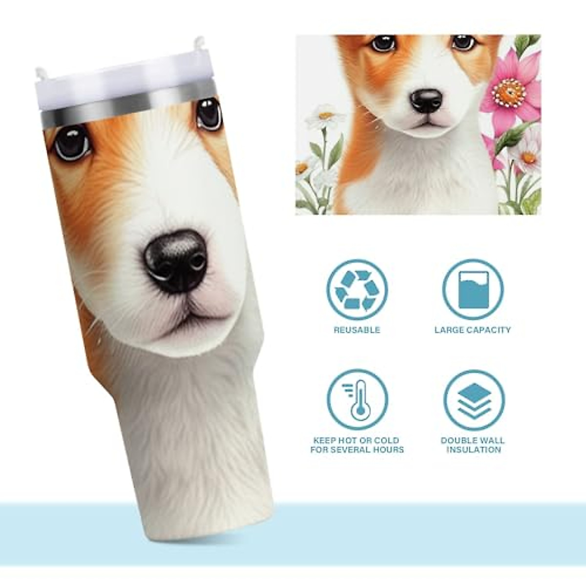 ODAWA Stainless Steel Tumbler Large with Lid and Straw, Puppy Flowers Travel Coffee Tumbler