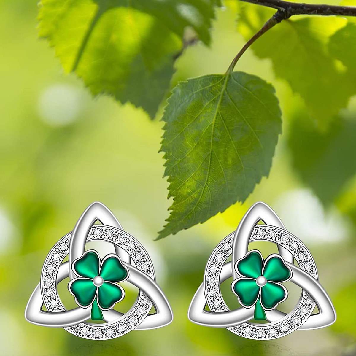 Celtic Knot Green Shamrock Earrings for Women Studs Four Leaf Clover St Patricks Day Earrings Triangle Jewelry Birthday Irish Birthday Gifts Sterling Silver