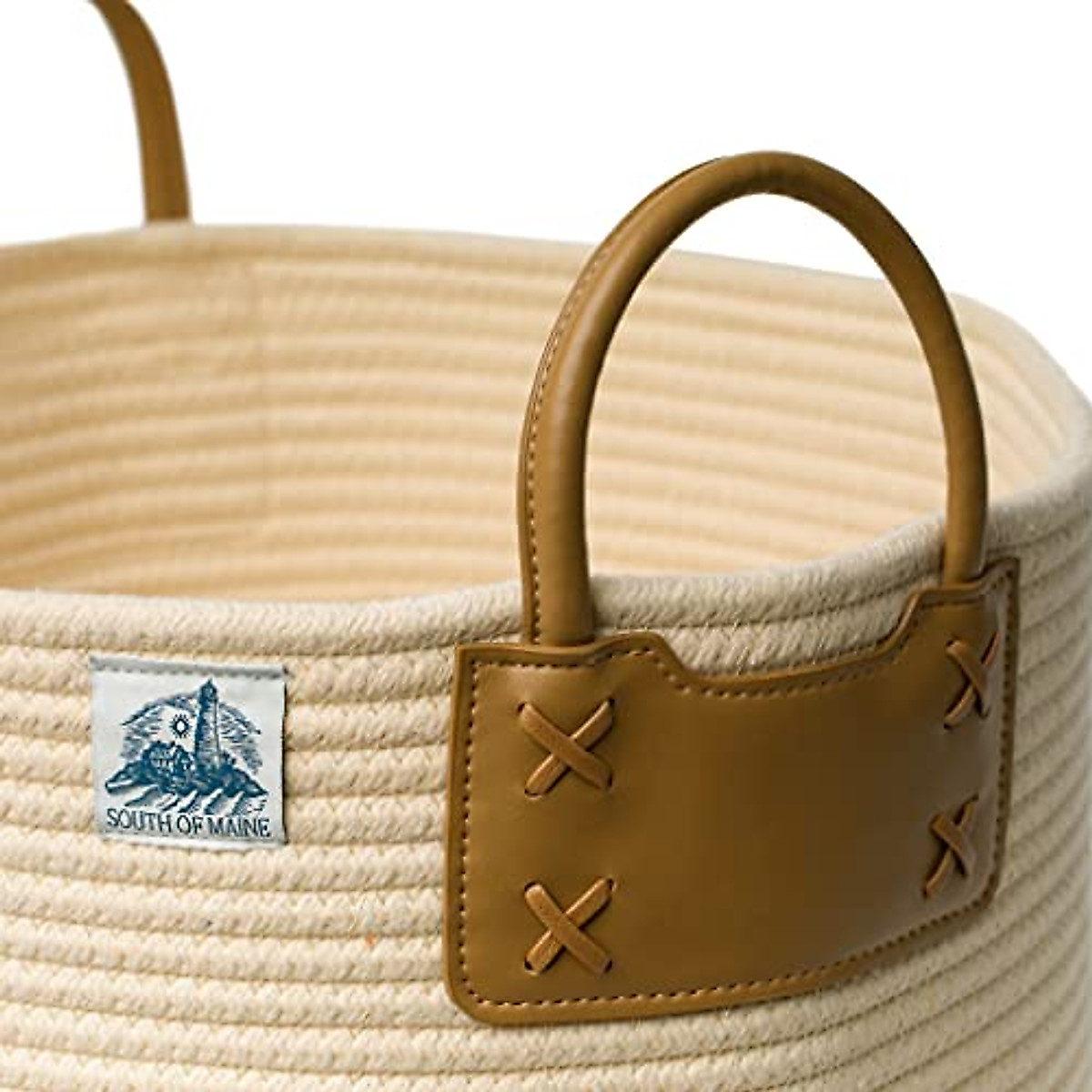 South of Maine Large Blanket Basket with Vegan Leather Handles. Cotton Rope Basket for Blankets, Laundry, Toys, Throw Pillows, Towels. Large Storage Basket for Living Room, Bedroom, Nursery. 14.5x16"