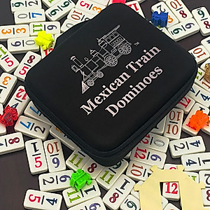 Double 12 Mexican Train Number Dominoes to Go Travel Size with Zip Up Case, Hub & 8 Domino Trains