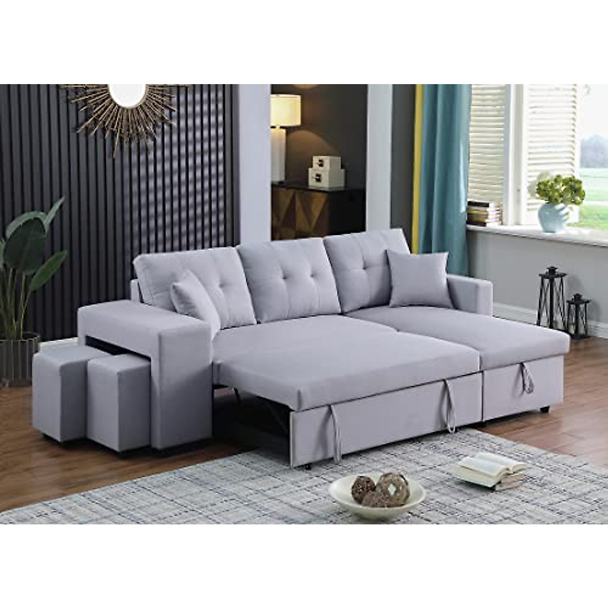 BIADNBZ Convertible Sleeper Sectional Sofa with Reversible Storage Chaise, Modern Linen Fabric L-Shaped Pull Out Couch w/2 Stools,for Living Room Apartment, Light Gray