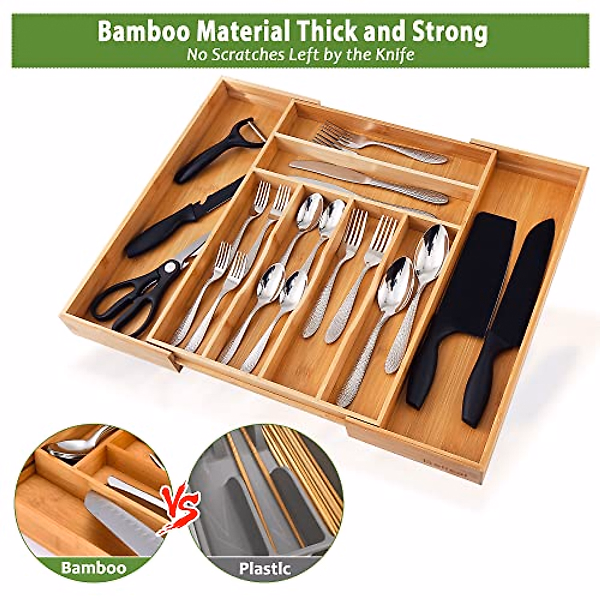 Bellsal Large Kitchen Drawer Organizer 22 In Wide Silverware Organizer Expandable Bamboo Utensil Organizer Silverware Tray for Large Cutlery 8 Slots