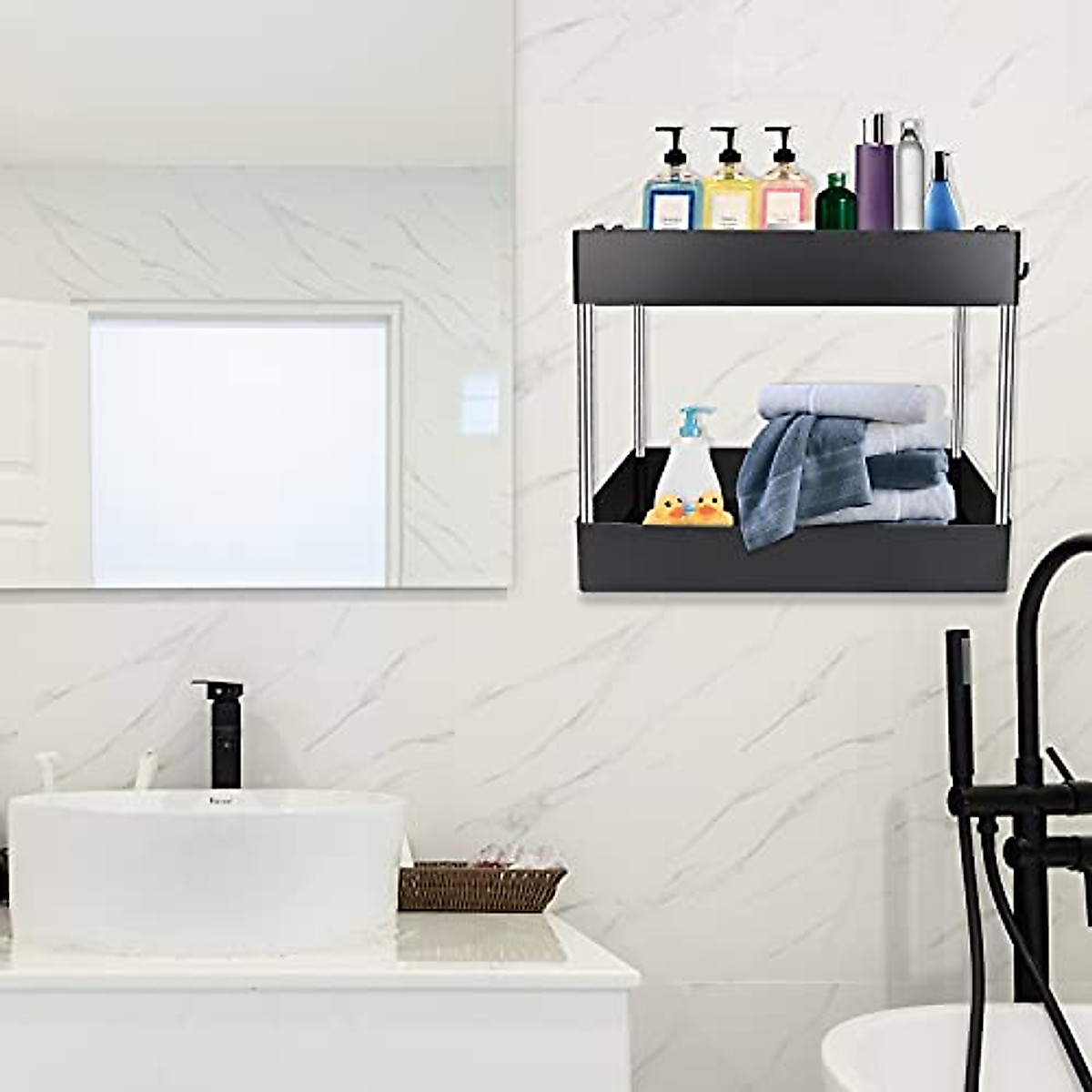 LGHIESO Under Sink Organizer and Storage, Under Bathroom Sink Shelf Organizer Rack, Under Bath Sink Collection Baskets with Hooks, Ideal for Room, Office, Kitchen, Bathroom (Black, 2-Tier)