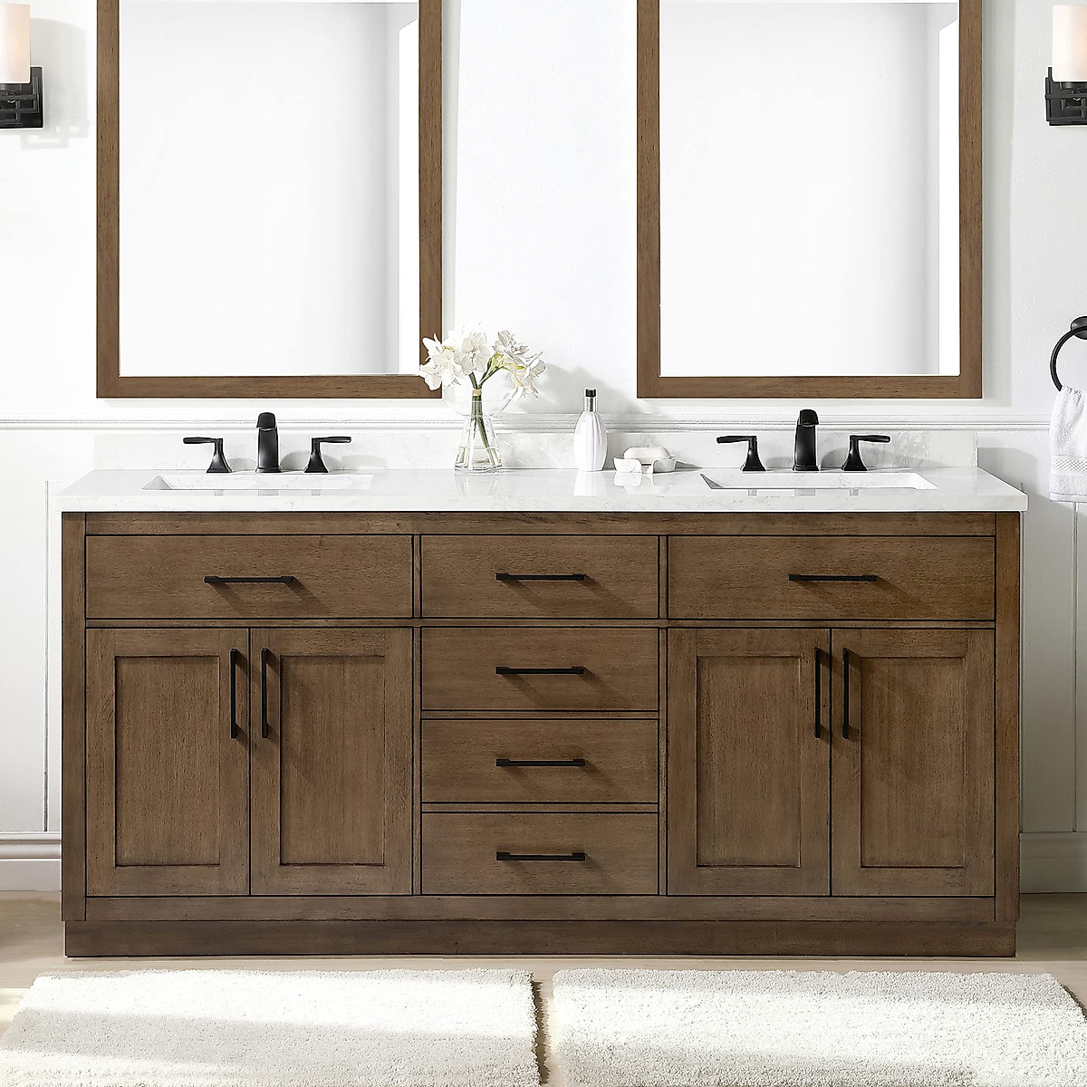 OVE Decors Maya Plus 72 in. Double Sink Bathroom Vanity in Almond Latte Finish, Black Hardware and Included Power Bar