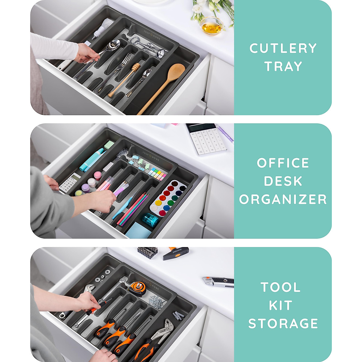 JULY HOME Expandable Kitchen Drawer Organizer - Convenient Plastic Flatware Drawer Organizer / Utensil Holder and Cutlery Tray Multipurpose Organizer Silverware Tray for Drawer Apartment Essentials