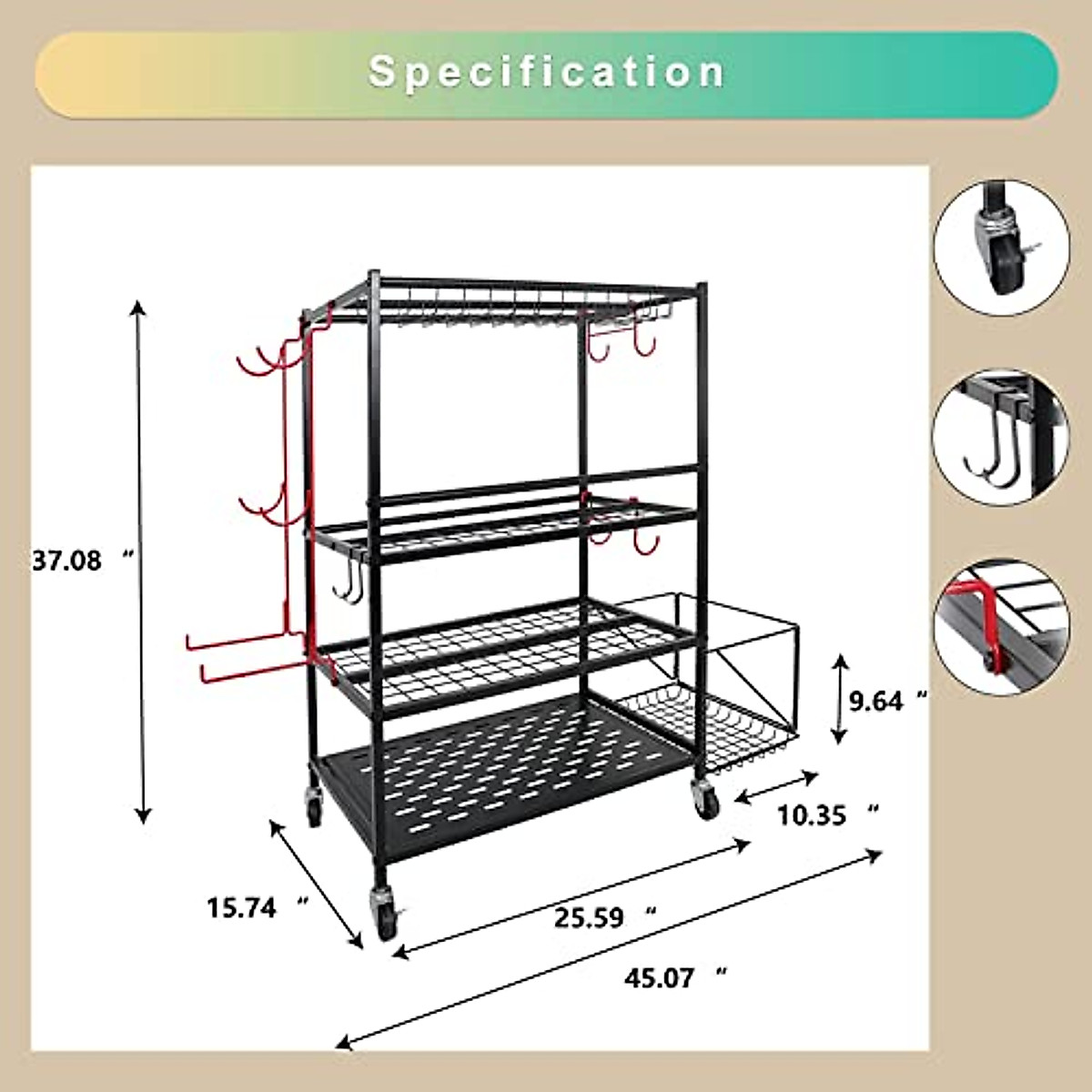 FLIORS Black 4-Tier Storage Shelving Unit with Whelss, Home Gym Storage Rack, Home Gym Workout Equipment Storage Rack, Workout Storage with Wheels and Hooks, Heavy Duty Storage Shelving