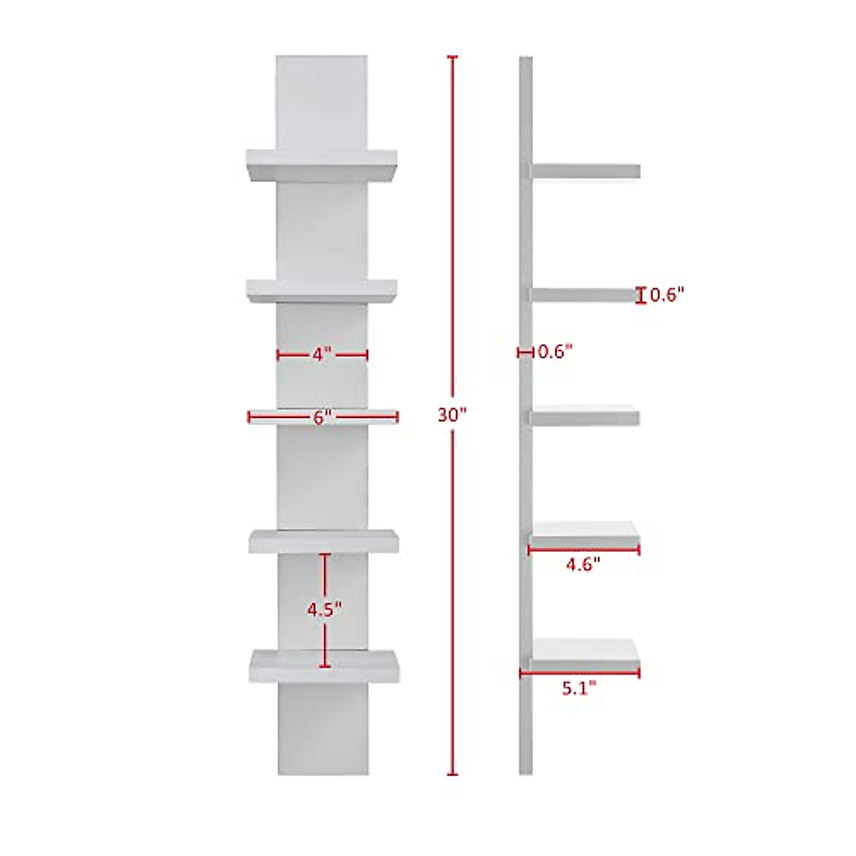 Danya B 5 Tier Wall Shelf Unit Narrow Smooth Laminate Finish - Vertical Column Shelf Floating Storage Home Decor Organizer Tall Tower Design Utility Shelf Bedroom Living Room 5.1" x 6" x 30" (White)