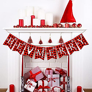 Plaid Be Merry Banner Burlap Christmas Rustic Bunting Banner for Christmas Hanging Decorations