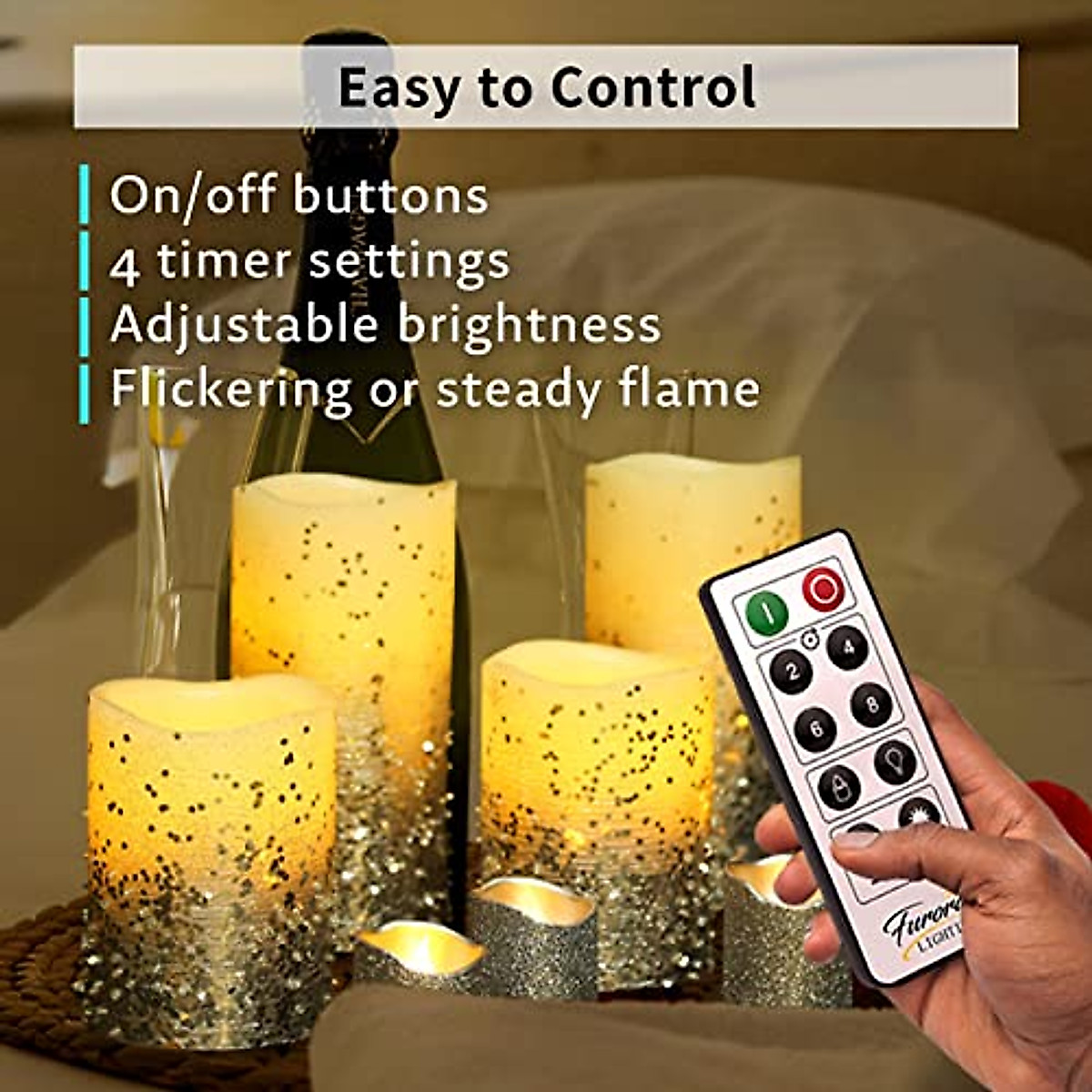 Furora LIGHTING LED Flameless Candles with Remote – Battery-Operated Flameless Candles Bulk Set of 8 Fake Candles – Small Flameless Candles & Christmas Centerpieces for Tables, Silver Glittery