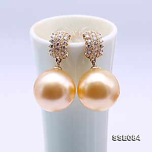 JYX Pearl 14K Yellow Gold Earrings AAA Quality Genuine 11.5mm Round Golden South Sea Cultured Pearl Dangle Earrings for Women