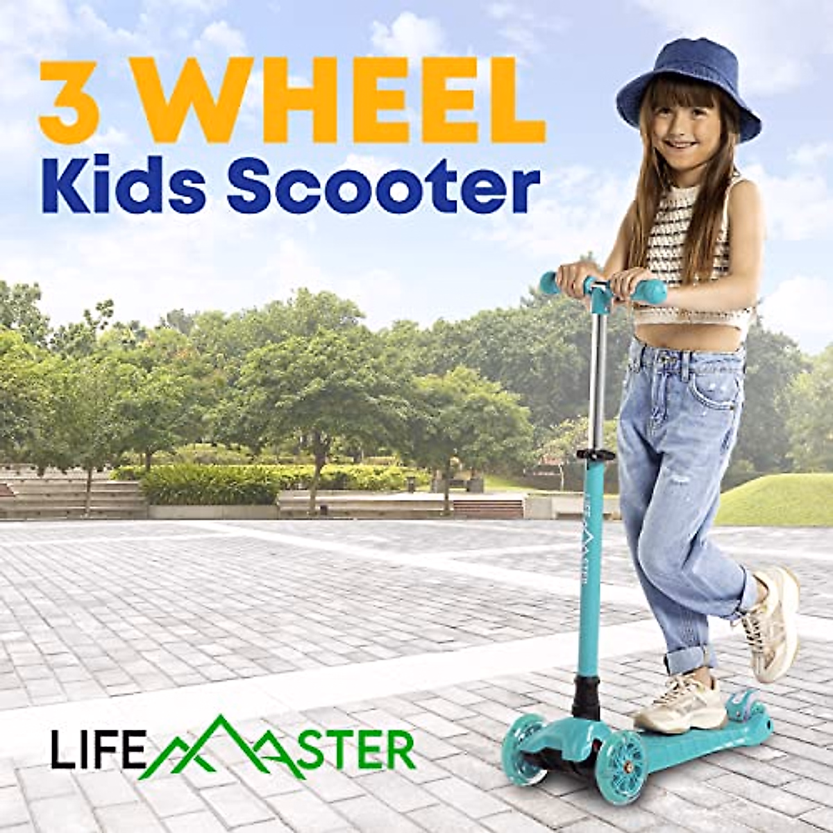 Kids Scooter – Children and Toddler 3 Wheel Kick Scooter – LED Wheel Lights Illuminate When Rolling– Adjustable Handlebar – Indoor and Outdoor Teal - Lifemaster