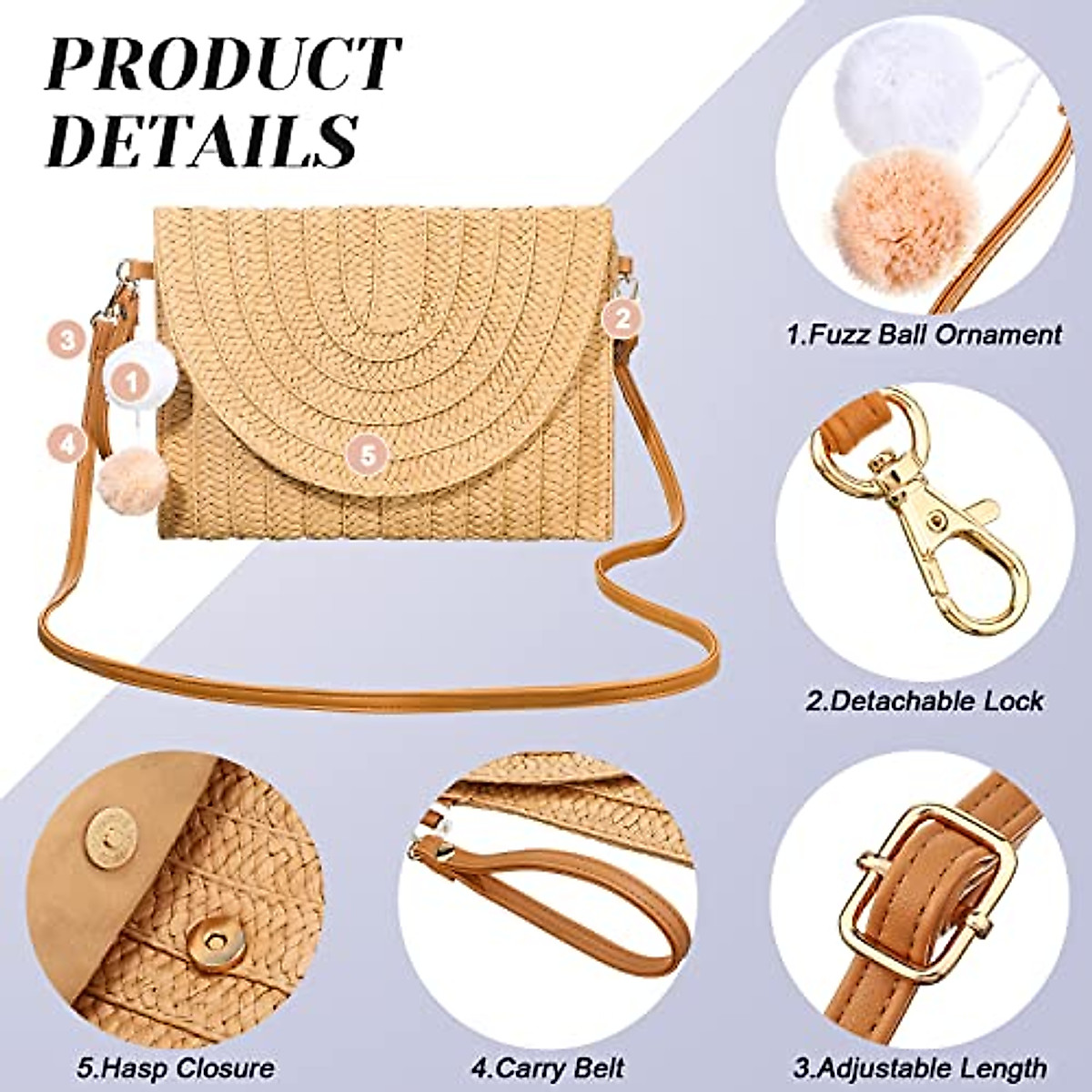 2 Pcs Straw Shoulder Bag Clutch Straw Crossbody Bags Straw Summer bags Handmade Envelope Purse for Women (Light Coffee)