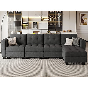 Belffin Convertible Modular Sectional Sofa Couch with Storage Seat L Shaped 4-Seat Sofa Couch with Reversible Chaise Modular Sectional Fabric Dark Grey