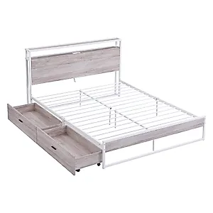 CITYLIGHT Metal Bed Frame Queen with Two Drawers, Queen Size Storage Bed with Sockets, USB ports and Slat Support,No Box Spring Needed,Easy Assembly,White
