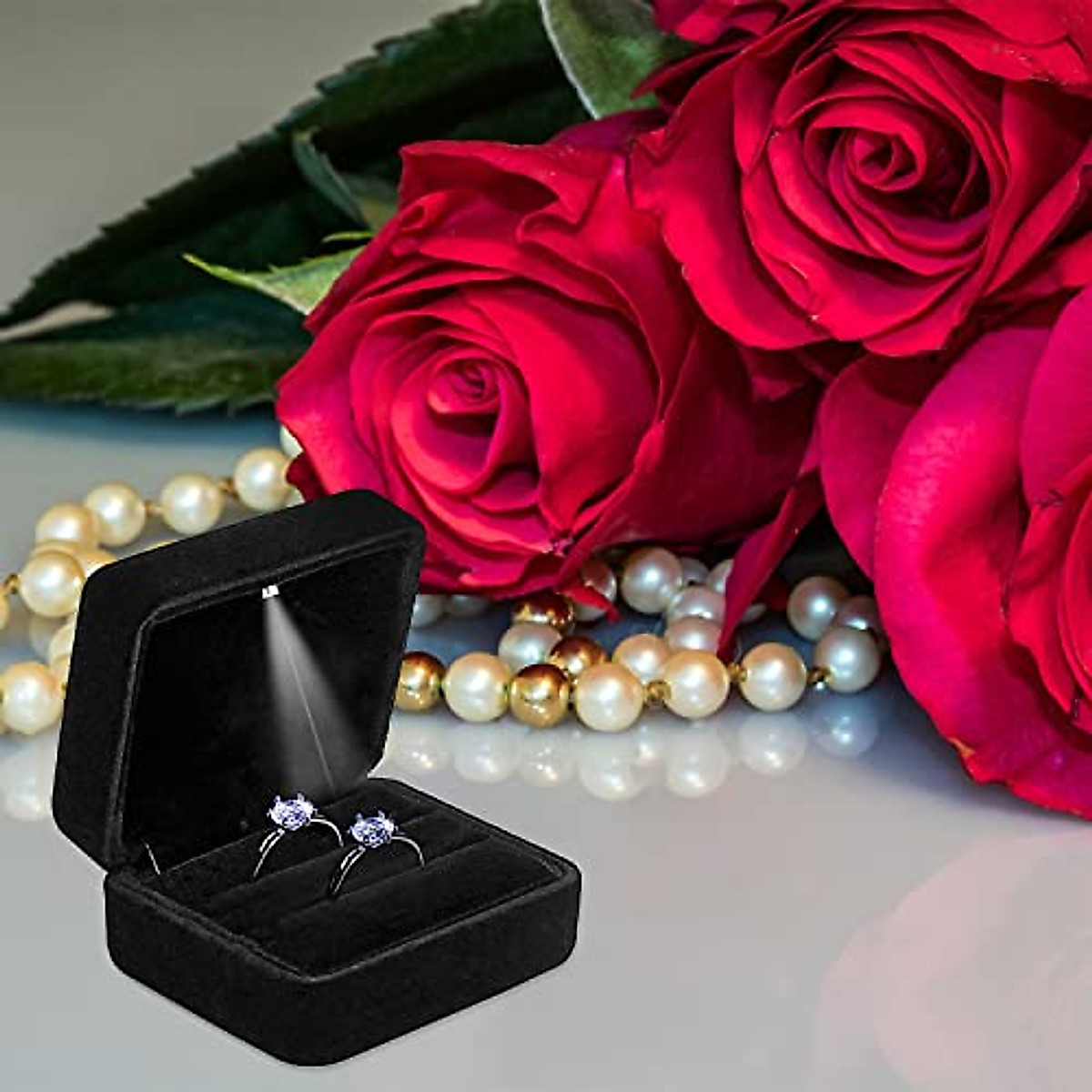 GBYAN Wedding Ring Box for Ceremony Velvet Couple Ring Box with LED Light Double Slot Jewelry Box for Engagement