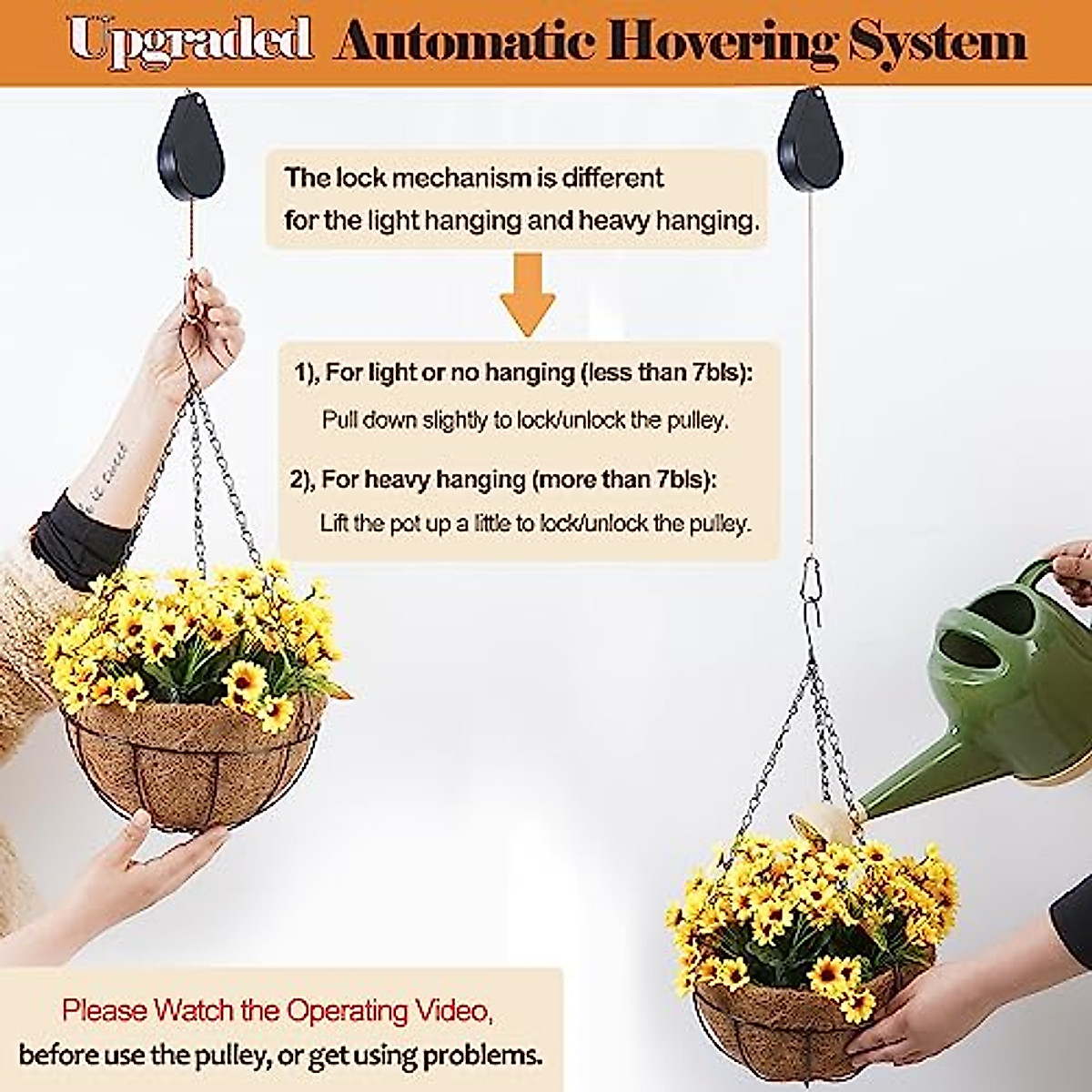 WROSWT Upgraded Retractable Plant Hanger,Plant Pulleys for Hanging Plants,Easy to Raise and Lower,Auto Lock,Heavy Duty, Adjustable Hook for Garden Baskets Pots,Birds Feeder, 3 Pack