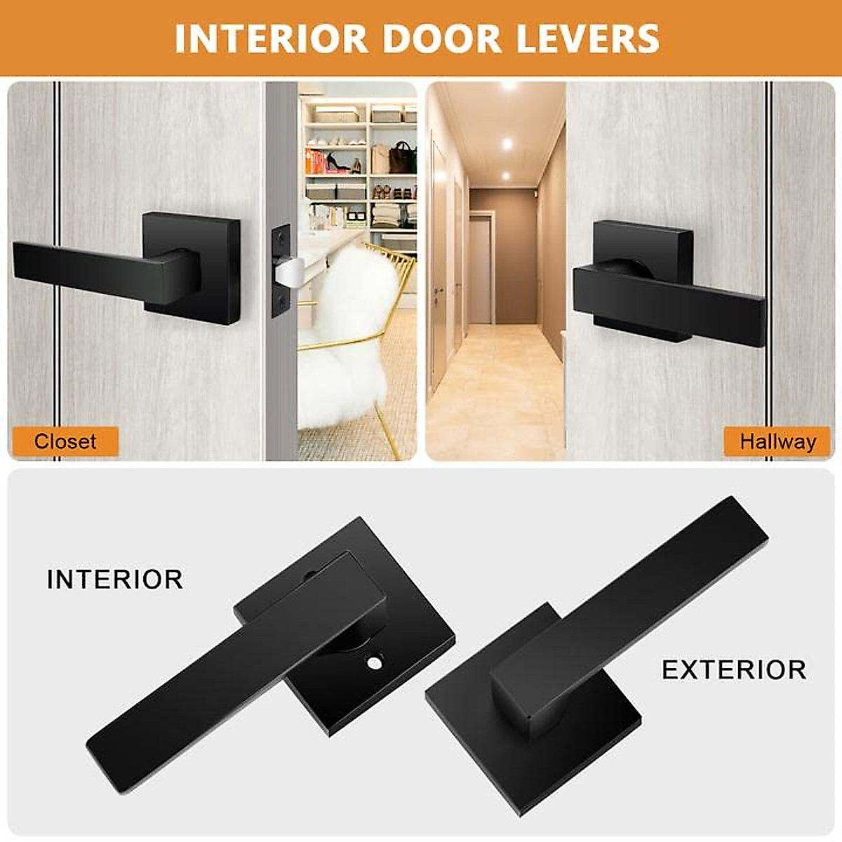 Probrico Matte Black Passage Door Levers Square Hall Closet Handles, Heavy Duty Interior Non-Locking Lever Sets, Reversible for Right & Left Side, 5 Pack