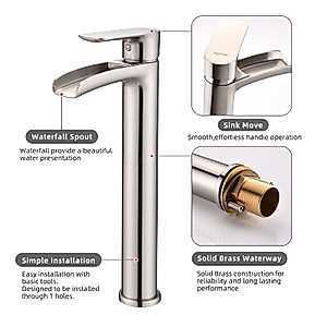NEWATER Waterfall Spout Tall Vessel Bathroom Sink Faucet，Basin Mixer Tap Single Handle One Hole Brushed Nickel