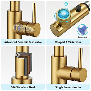 CREA Sink Faucet, Gold Kitchen Faucets with Pull Down Sprayer, Bathroom Sink Faucets Mini Bar Prep Faucet Single Handle 3 or 1 Hole Utility Faucet Laundry Outdoor Tap