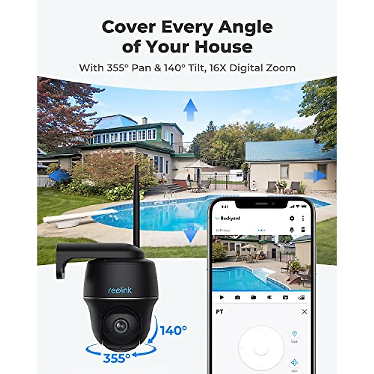 REOLINK 2K Security Camera System Wireless Outdoor, Pan Tilt Battery Solar Cam with 2.4/5GHz Dual-Band WiFi, Smart Detection, Time Lapse, 2-Way Talk, No Hub Needed, Argus PT with Solar Panel (Black)