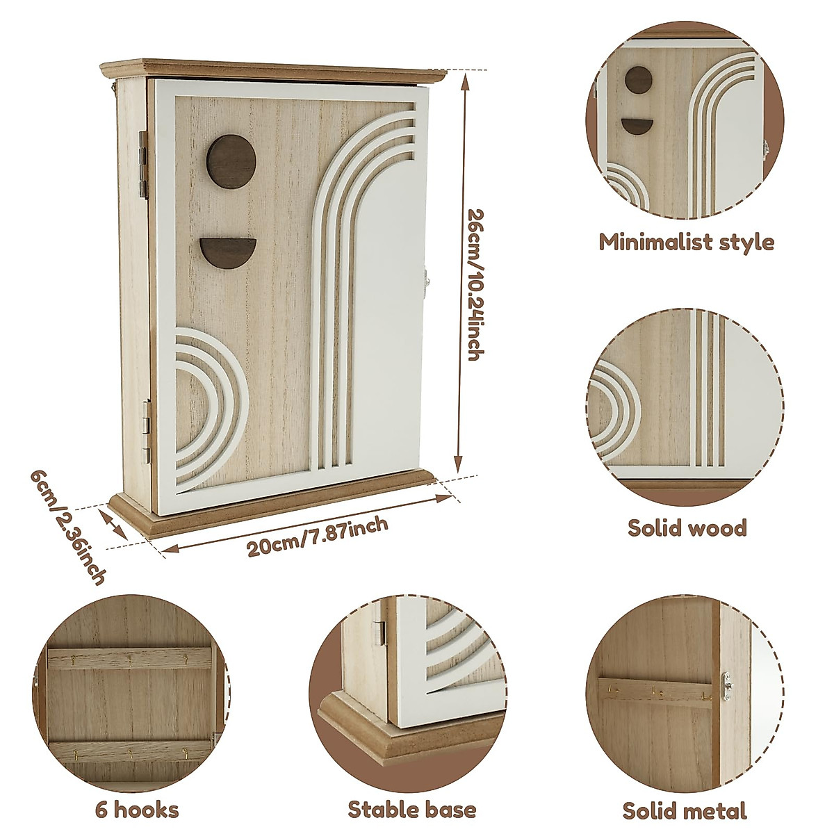 Wooden Key Box Wall Mount,Rustic Key Box Decorative Key Cabinet with 6 Key Hooks,Wall Mounted Wooden Key Holder Storage Box Cabinet for Hanging Keys,Home,Office,Entrance,Hallway,10.2" × 7.8" × 2.3"