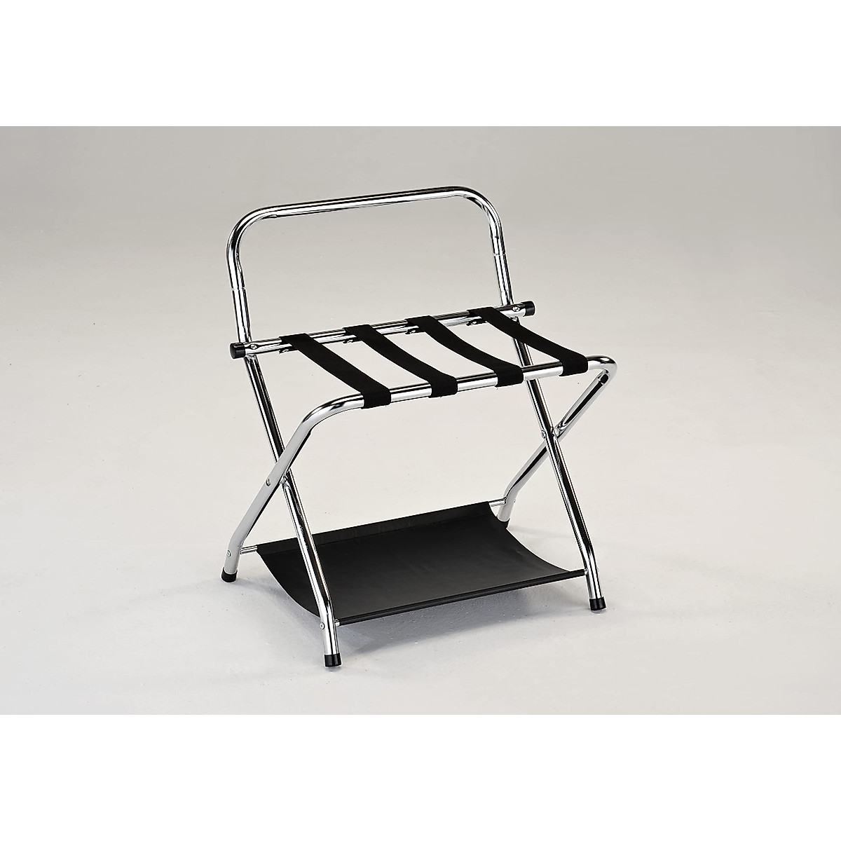 KB Designs - Chrome Metal Folding Luggage Rack, Suitcase Stand with Storage Shelf for Guest Room Bedroom Hotel